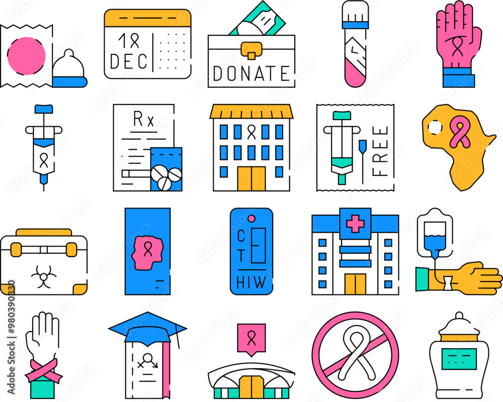 Hiv And Aids Disease Collection Icons Set Vector. Hospice And Hospital Building, Glass With ...