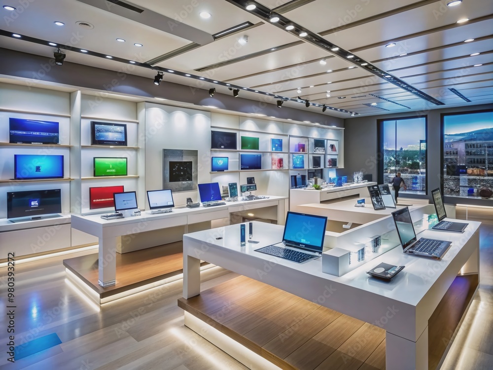Sleek electronics shop display showcases latest gadgets, with ...