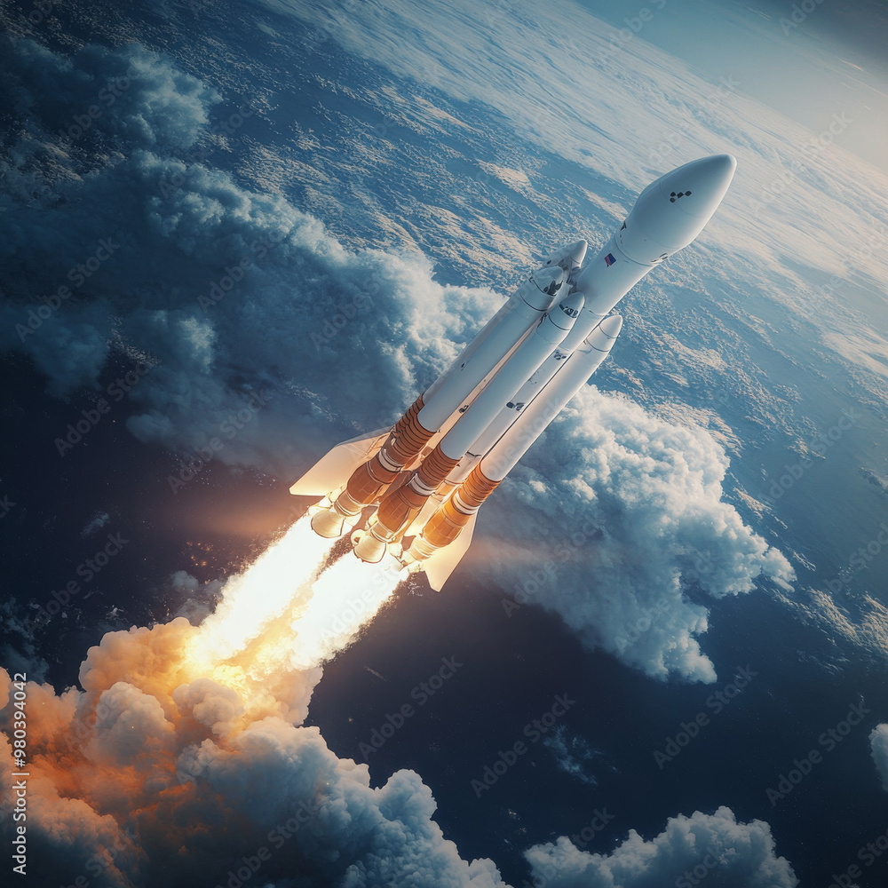 Heavy reusable rockets launching into space, featuring stage separation ...