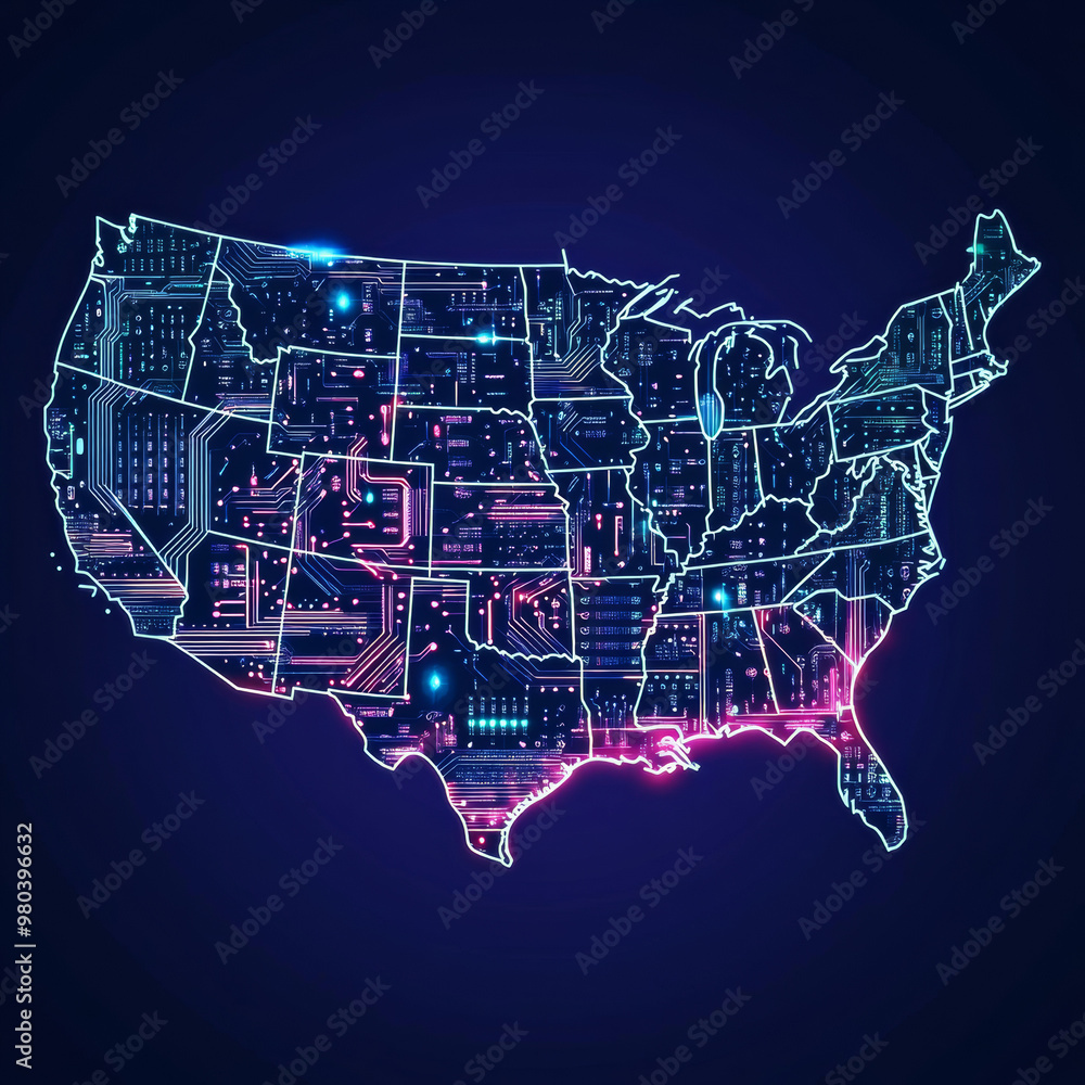 USA technology conceptual banner: a map of the United States designed ...