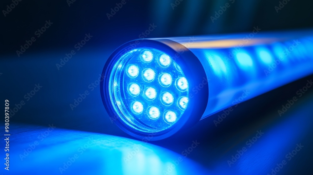 The device emits bright blue light, illuminating a smooth surface ...