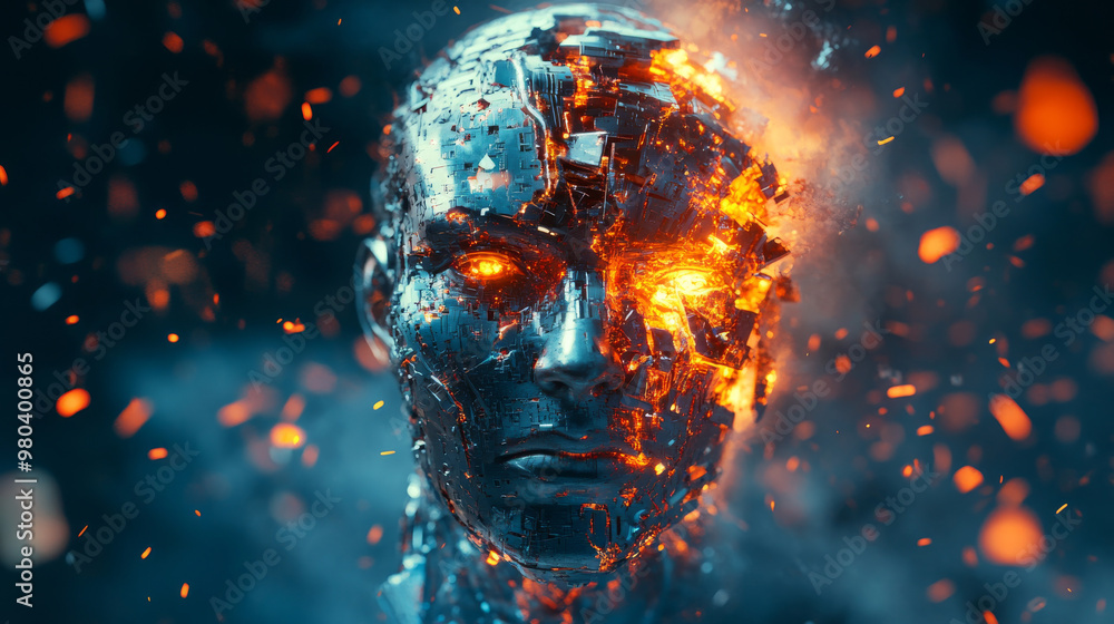 Robot or cyborg with artificial intelligence experiencing overload and ...
