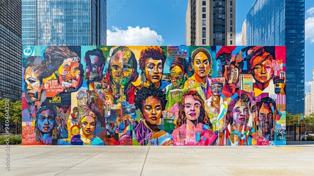 A large mural on a city wall depicts diverse faces and themes of social ...
