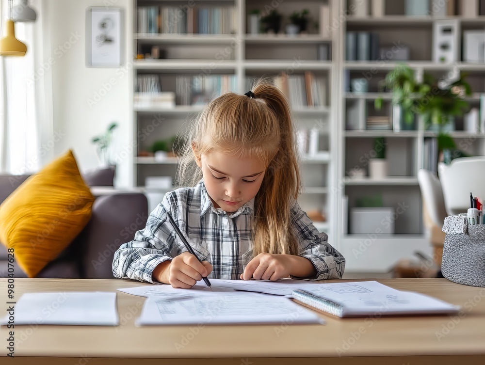 little schoolchild sitting at a desk in the living room, focused on ...