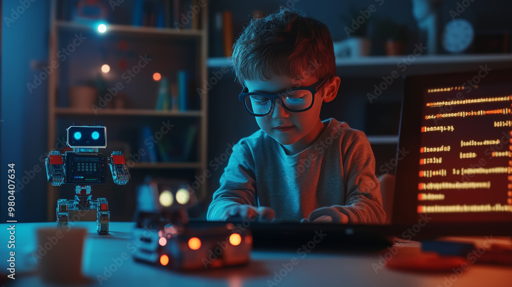 Child coding a program to control a robot on a laptop, using a phone for programming language ...