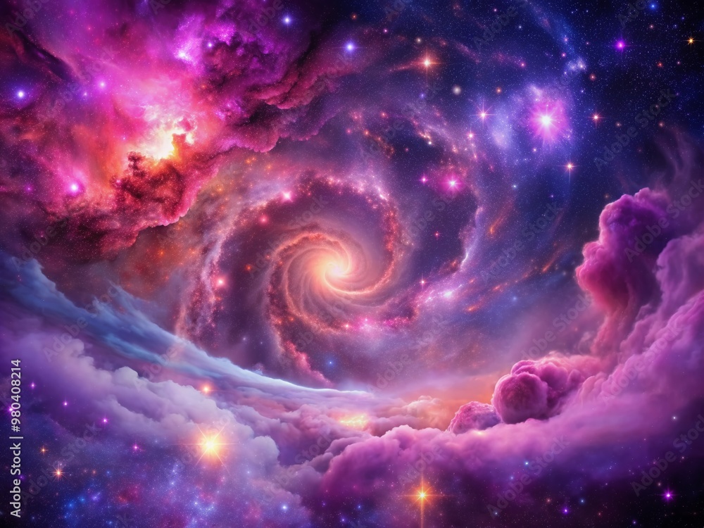 Vibrant pink and purple nebula cloud swirls amidst glittering stars in a stunning cosmic scene ...