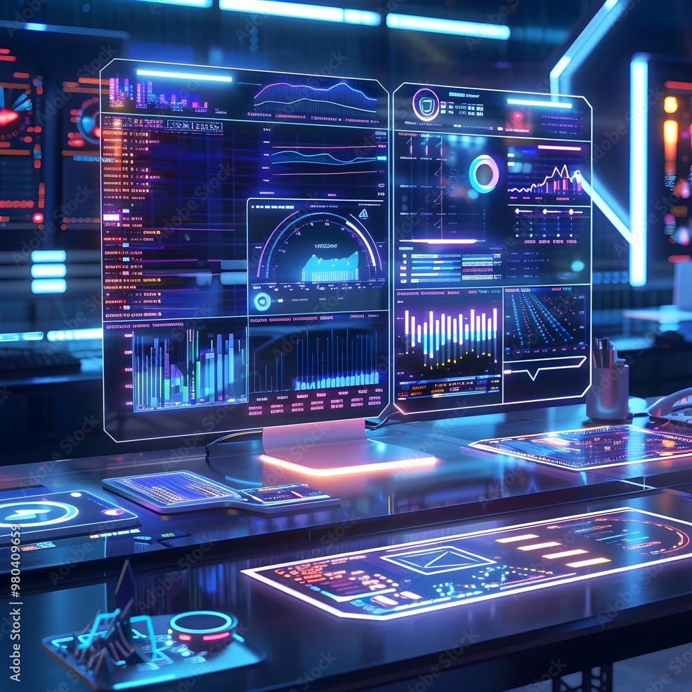 Futuristic Virtual Workspace with AI Powered Financial Analysis Dashboards and Real Time Data ...