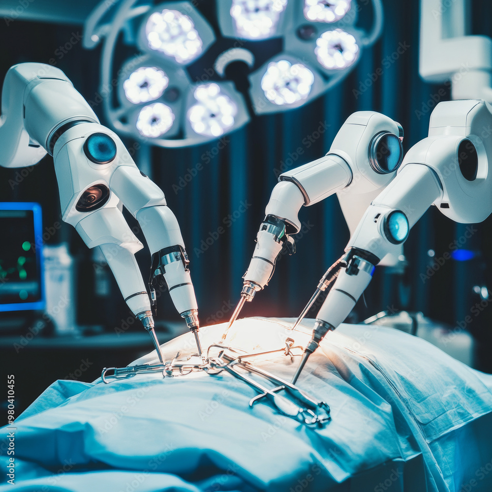 Robotic surgery:robot surgeon performs surgery on a patient lying on ...