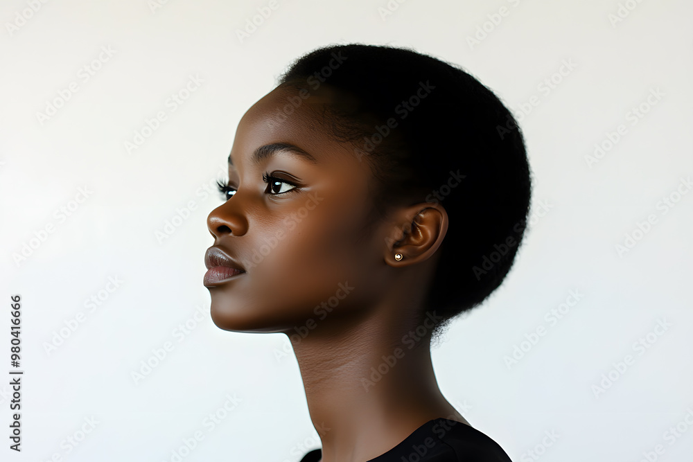 Side view portrait of a joyful African woman with glowing dark skin ...