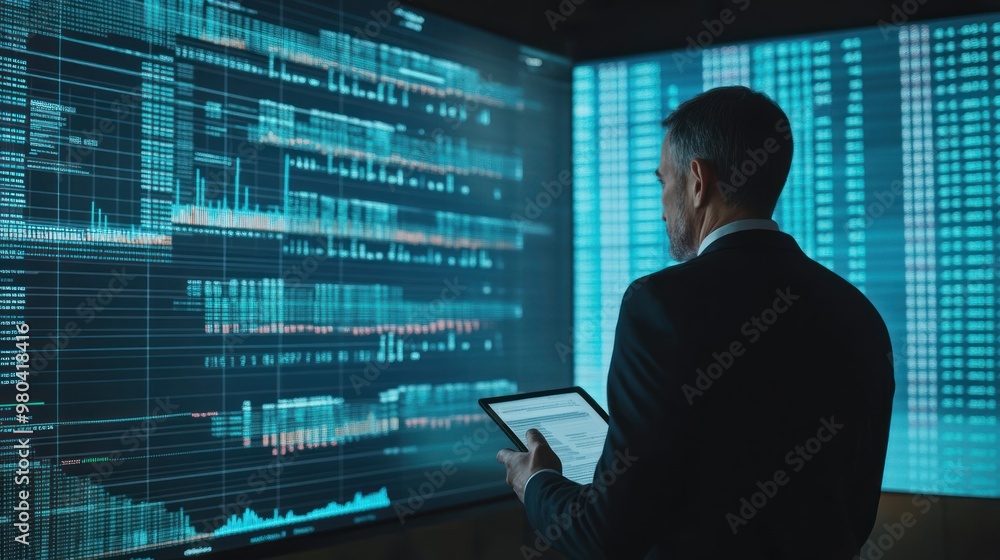 A businessman reviewing a financial report in front of a large screen ...