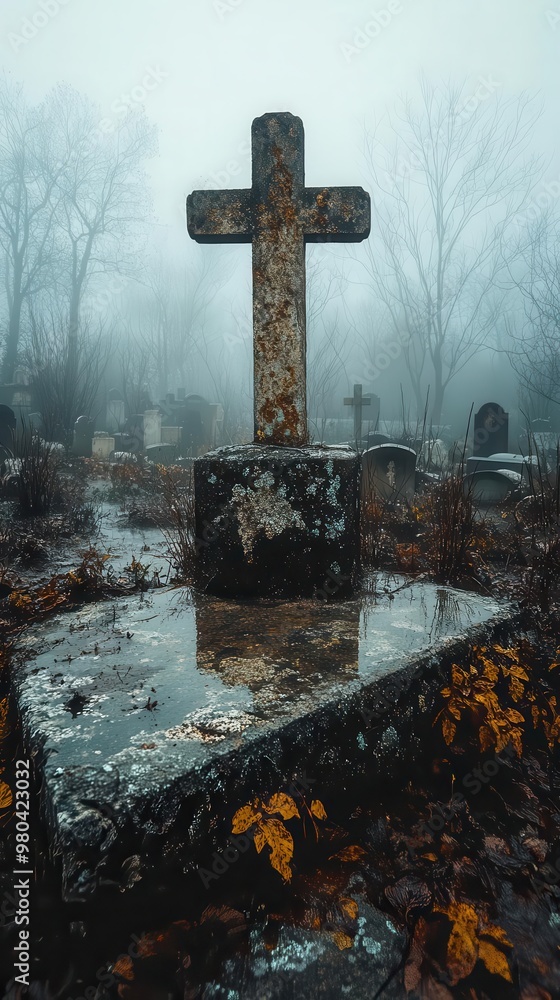 poignant scene of a weathered stone cross grave marker in a misty ...