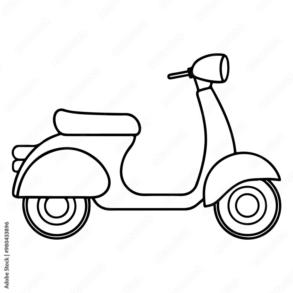 Hand-drawn cute classic scooter motorcycle from a side view in line art ...