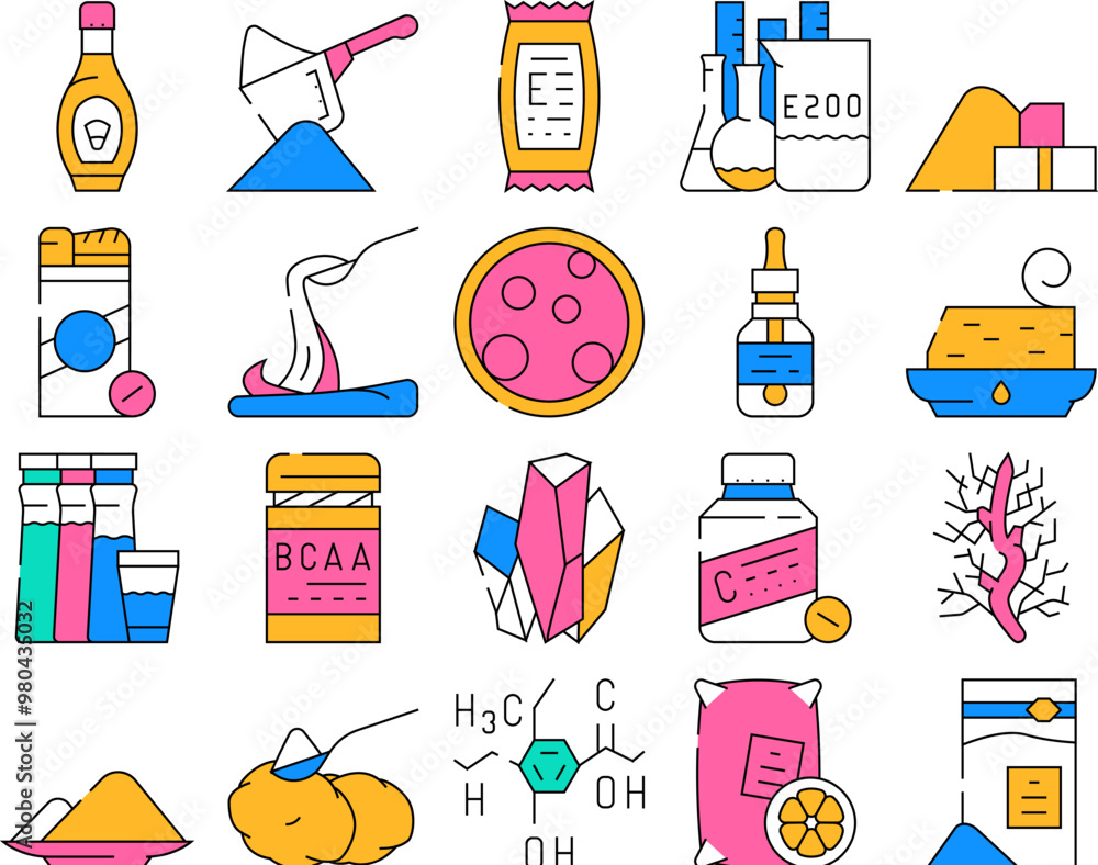 Food Additives Formula Collection Icons Set Vector. Corn Syrup And ...