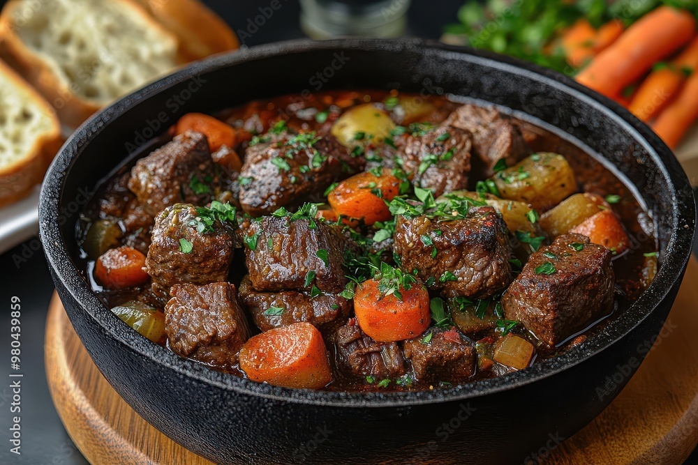 rustic beef bourguignon cast iron pot rich dark sauce tender meat ...