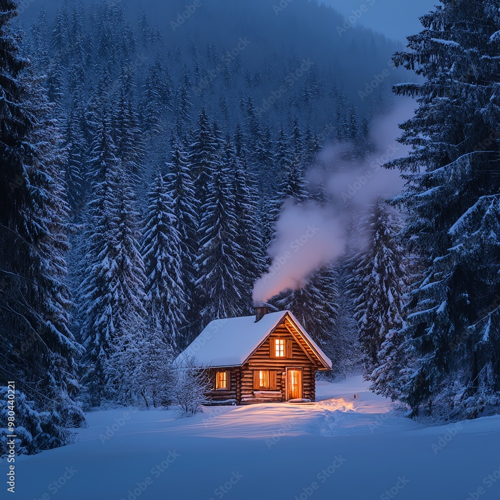 Rustic wooden cabin in a snowy forest, soft glow from inside, smoke ...