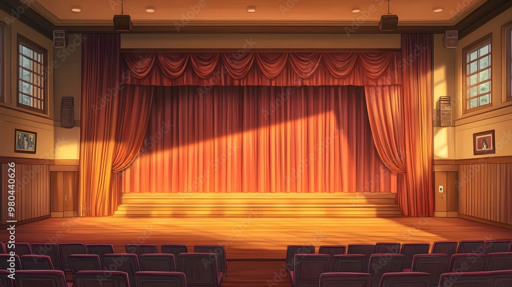 Illustration of a 2D background featuring a school assembly hall with a ...