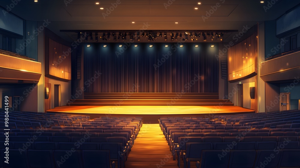 Illustration of a 2D background showing a school auditorium with rows ...