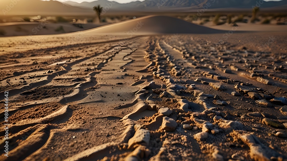 Desert tracks. Textured essence of dry and arid landscape. Ground in ...