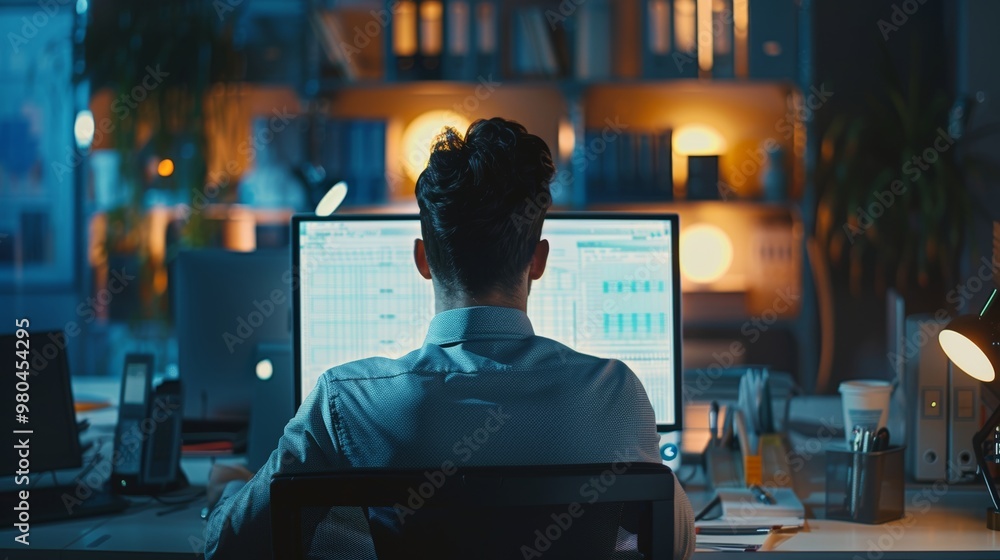 Businessman reviewing data lists on computer in a stylish, organized ...