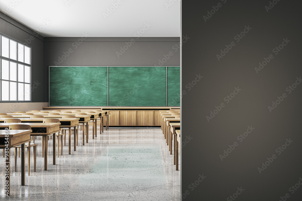 Modern classroom interior with green chalkboard, panoramic windows ...