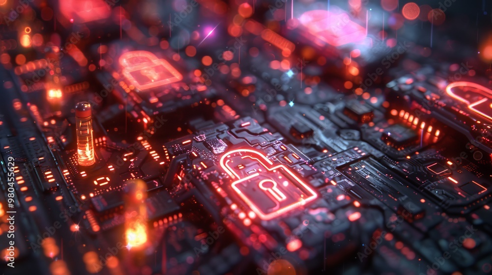 Produce a neon set of cybersecurity symbols, including shimmering ...