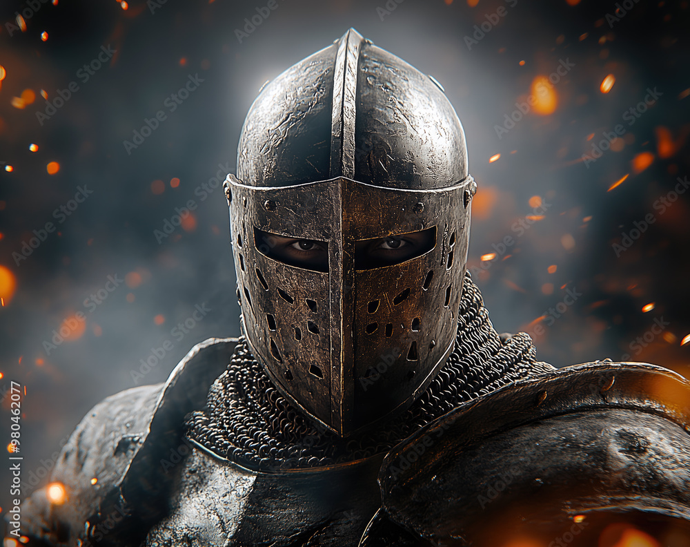 Medieval knight wearing helmet with visor looking through embers and ...
