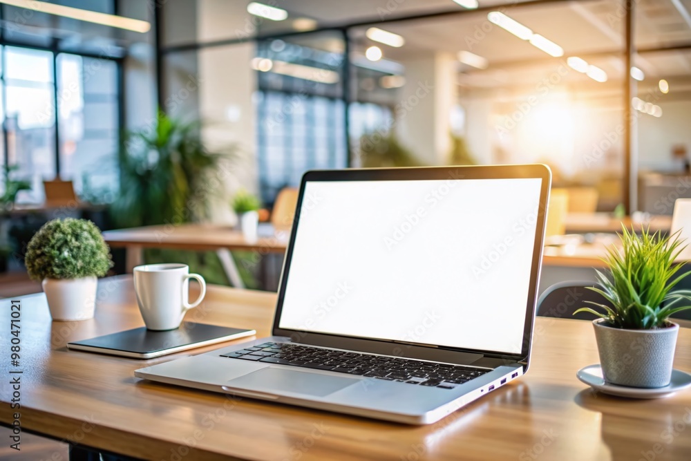Laptop pc mock up template design on office workplace desk, white ...