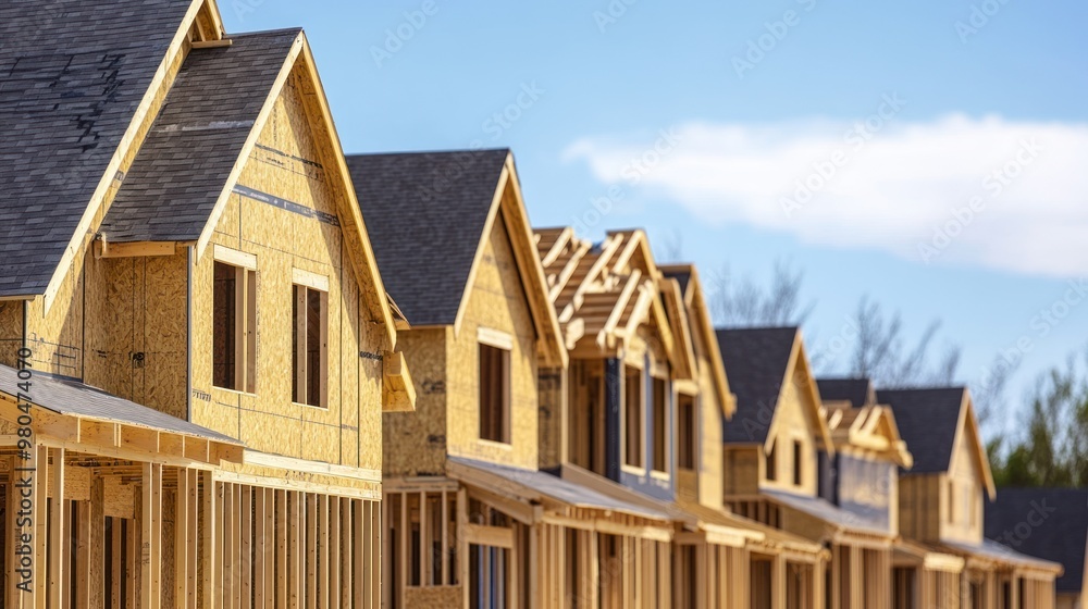 A row of new homes under construction, with frames and roofs in various ...