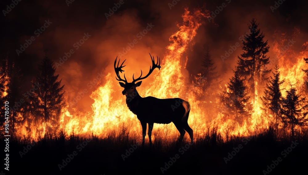 Silhouette of a stag amidst a wildfire, trees ablaze and sky filled ...