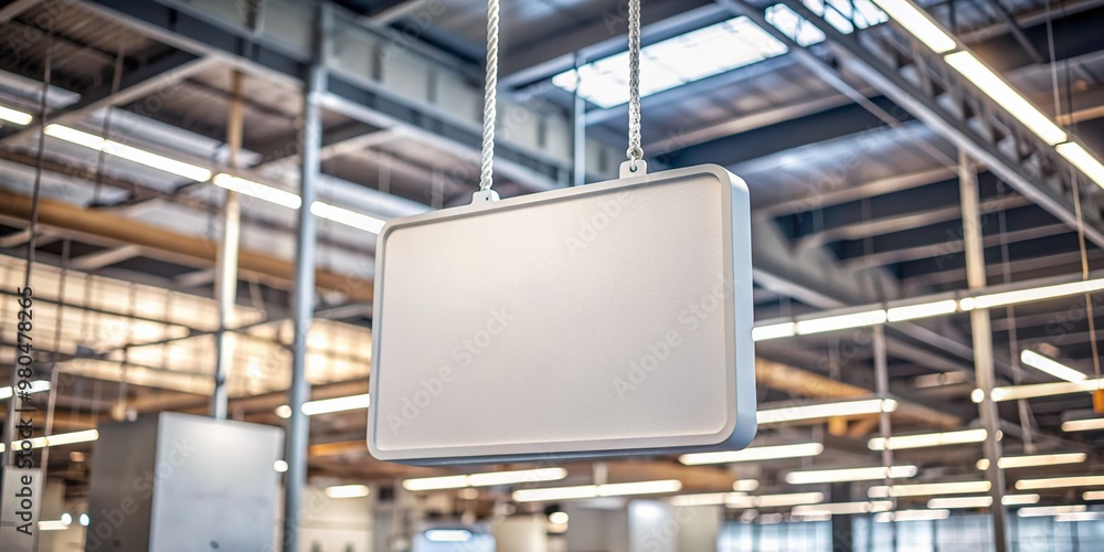 Modern empty white square sign with sleek silver edges suspended from ...