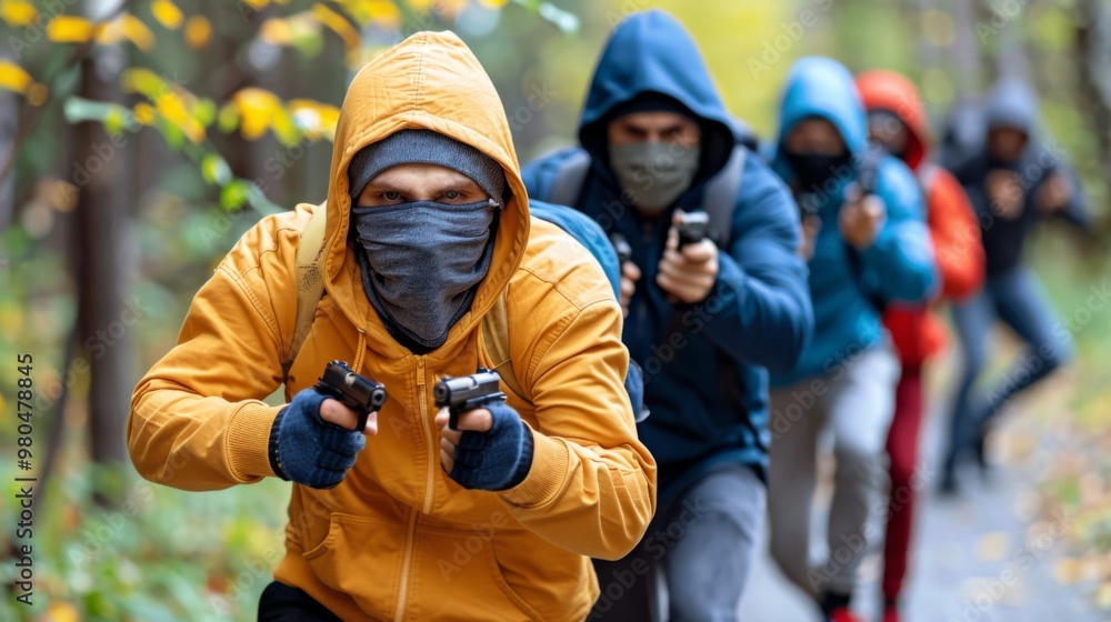 Illustrate a bank robbery in progress, with masked criminals armed with ...