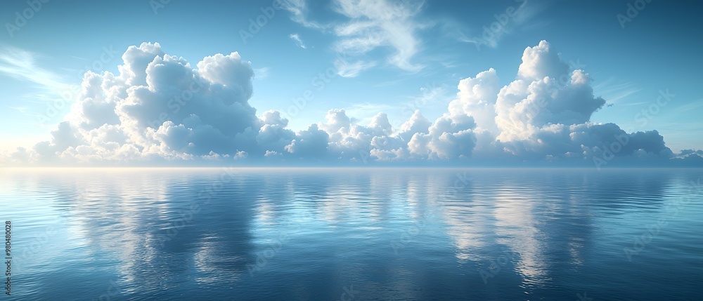 Panoramic scene of a soft blue sky with subtle cloud details, basking ...
