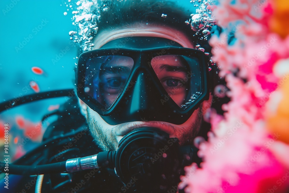 scuba diver in close-up, with vibrant coral reefs and tropical fish in ...