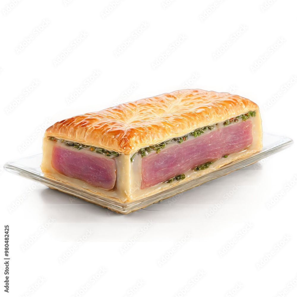 Pate en croute pastry wrapped pate slice aspic glaze glistening in ...