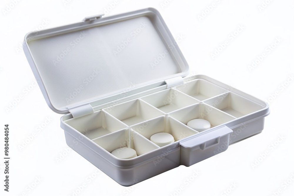 Empty white medication box with open lid and compartments, isolated on ...