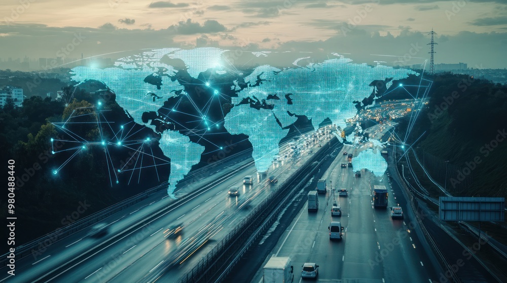 Digital world map overlayed on a busy highway, illustrating the ...