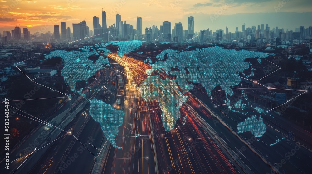 Digital world map overlayed on a busy highway, illustrating the ...