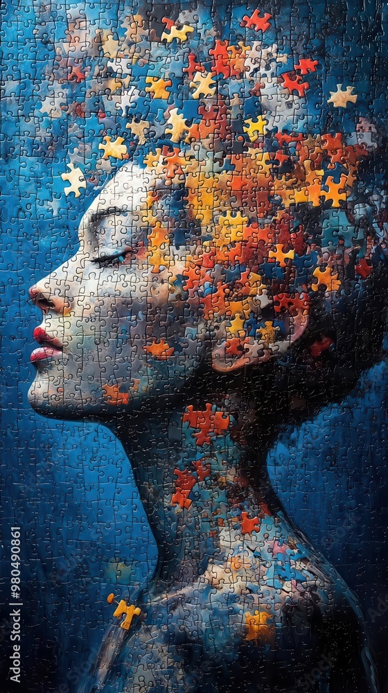 surreal portrait of fragmented mind vibrant puzzle pieces forming human ...