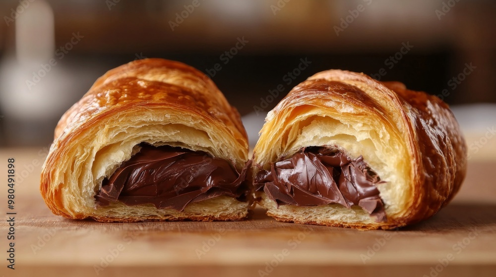 croissant split in two ,in the cut parts the filling leaks out which is ...