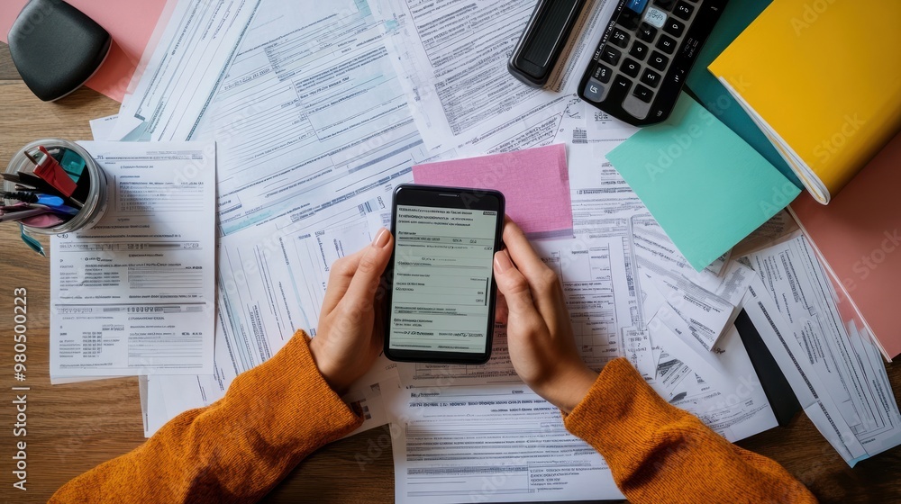 Person reviewing bank account balance on a smartphone while organizing ...