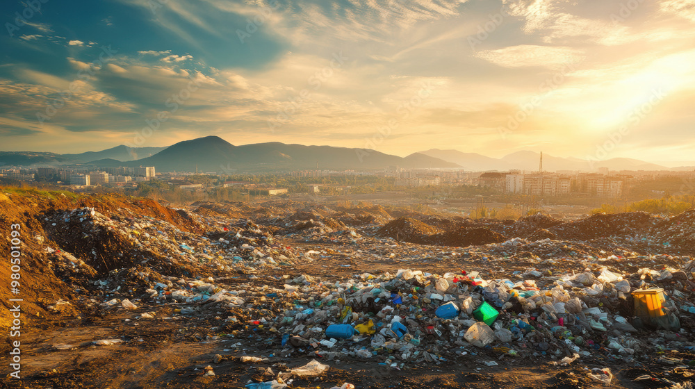 An overflowing landfill site with mountains of trash under sunset sky ...