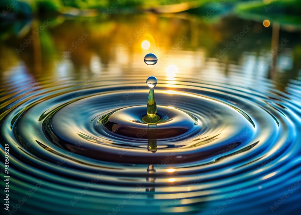 Serene close-up of a single raindrop creating concentric ripples on a mirror-like water surface ...