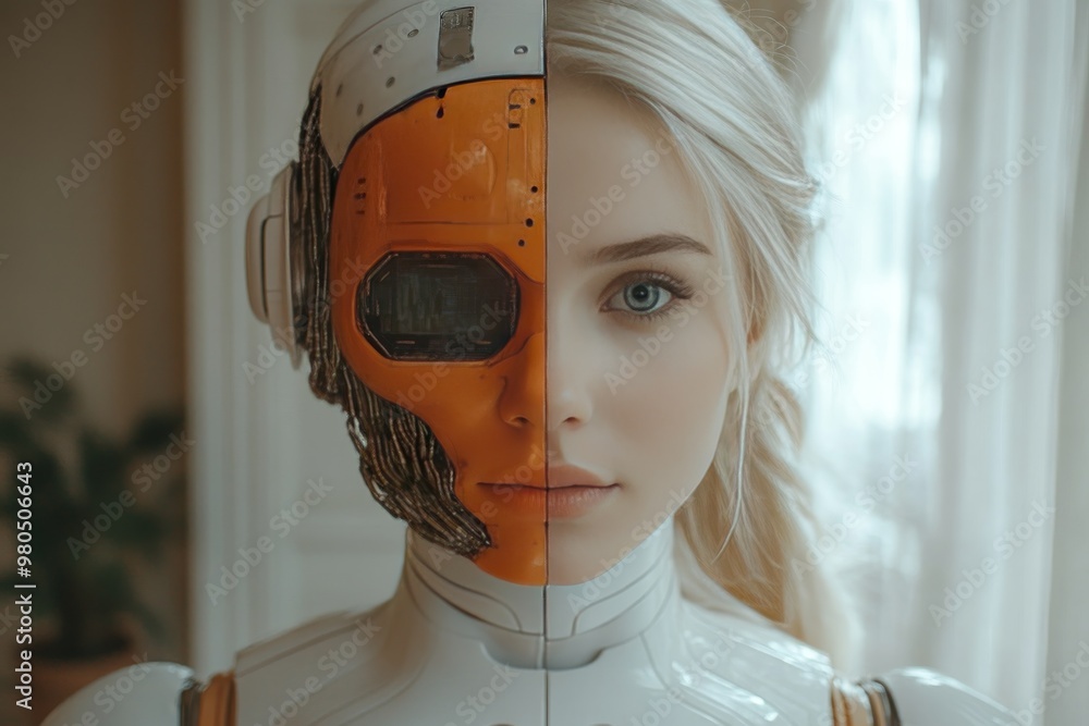 Woman with half her face transformed into a mechanical robotic mask ...