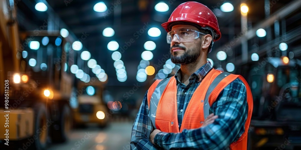 Industrial worker wearing a hard hat and safety gear in a factory ...