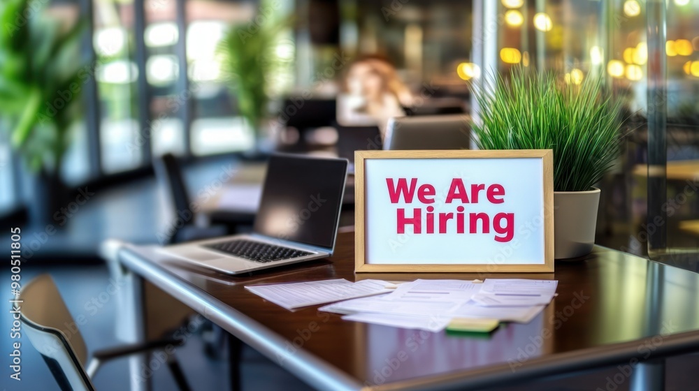 Desk sign saying We Are Hiring with an office backdrop, job search ...