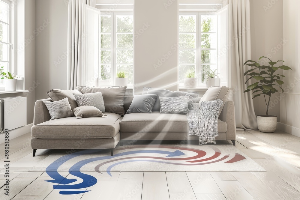 Ventilation system with colorful airflow patterns in a modern living ...