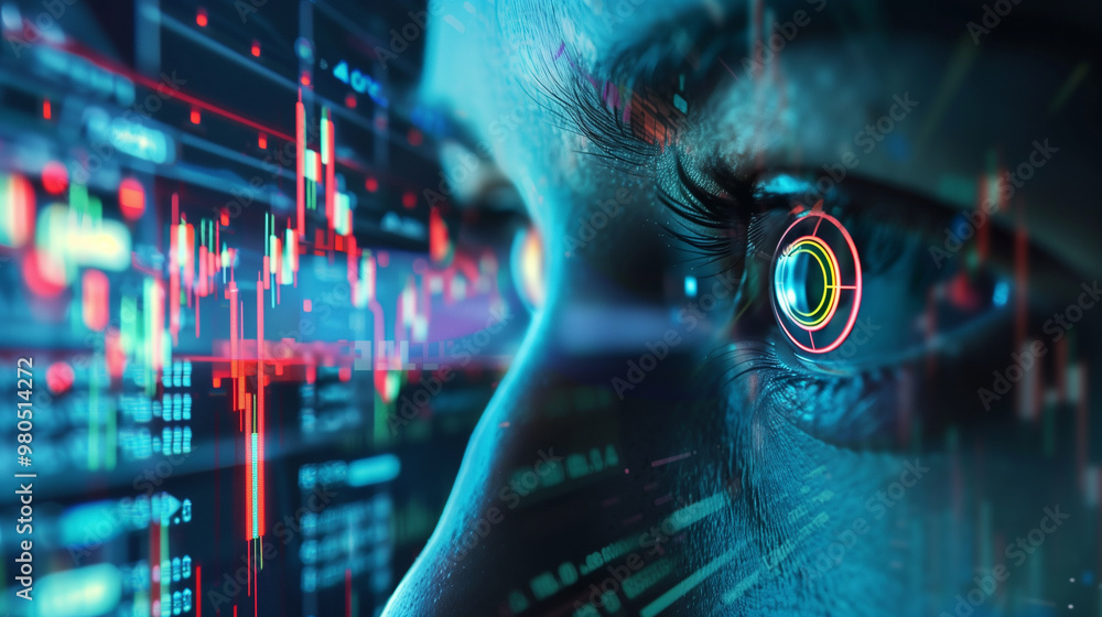 Futuristic close-up of a human eye with digital data and financial ...