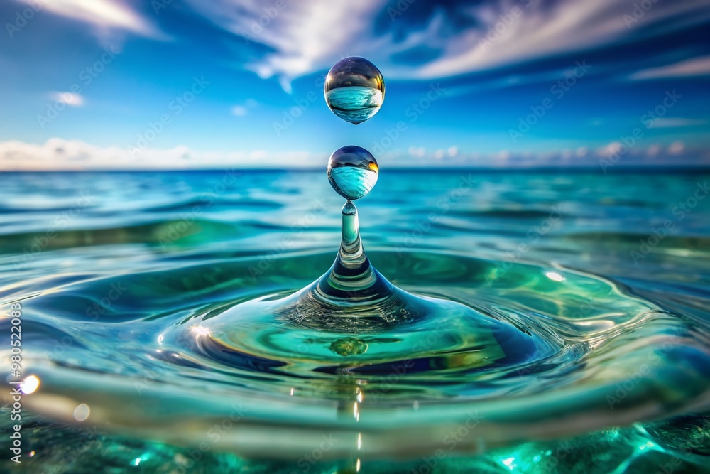 Sparkling water droplet suspended in mid-air, about to merge with the ...