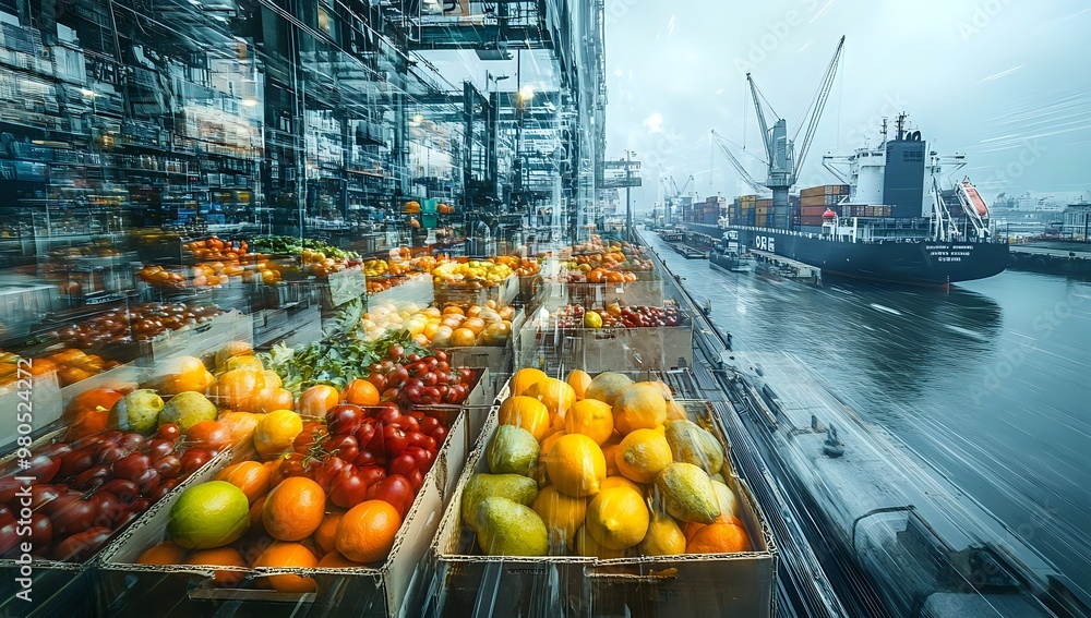 A double exposure photo of a cargo ship in a harbor and crates of fresh ...