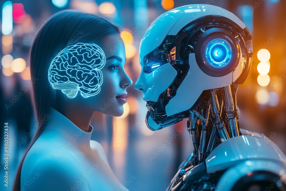 Human robot interaction with glowing brain hologram illustrating artificial intelligence ...